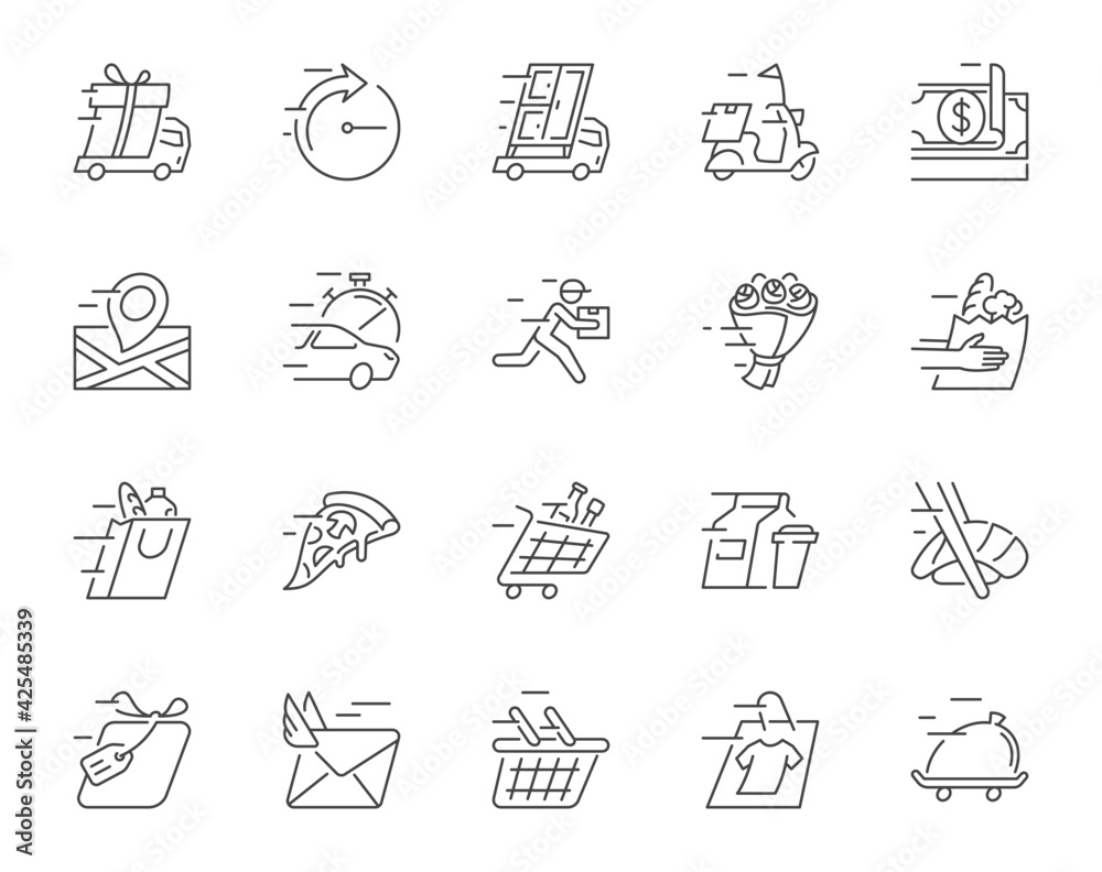 Vector illustration of set of simple linear icons for fast delivery ...