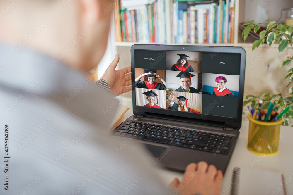 Virtual graduation and convocation ceremony. Laptop screen with happy ...