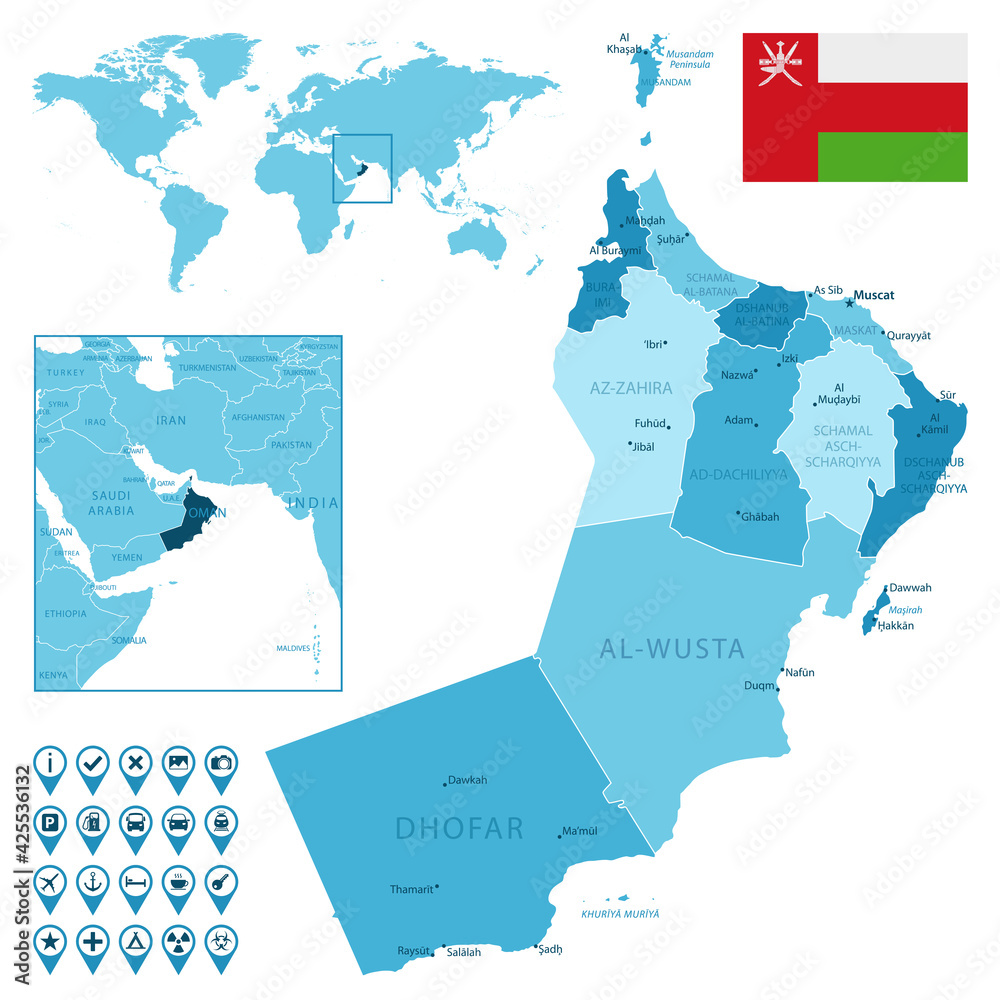 Oman detailed administrative blue map with country flag and location on ...