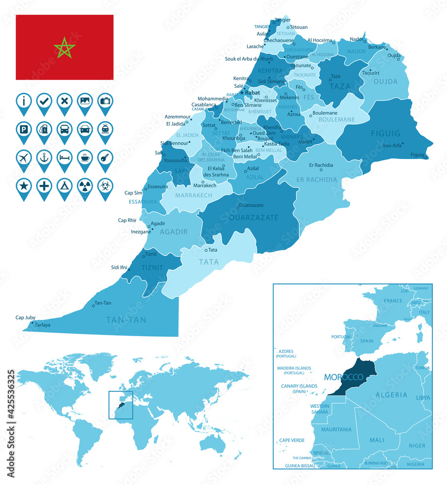 Morocco detailed administrative blue map with country flag and location ...