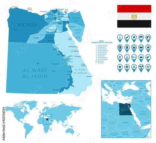 Egypt detailed administrative blue map with country flag and location ...