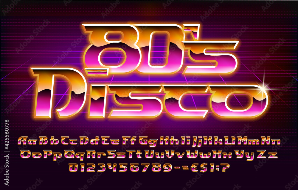 80s Disco alphabet font. Glowing letters, numbers and punctuations in ...