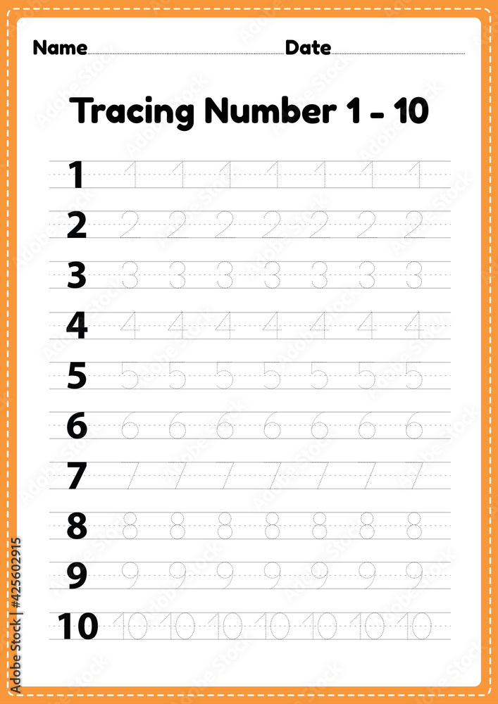 Tracing number 1-10 worksheet for kindergarten and preschool kids for ...