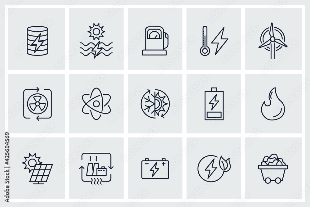 Set of Energy Types icon. Hydroelectric Power Station, Solar Cells and ...