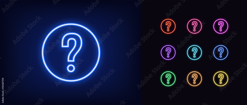 Neon question mark icon. Glowing neon question sign, outline query ...
