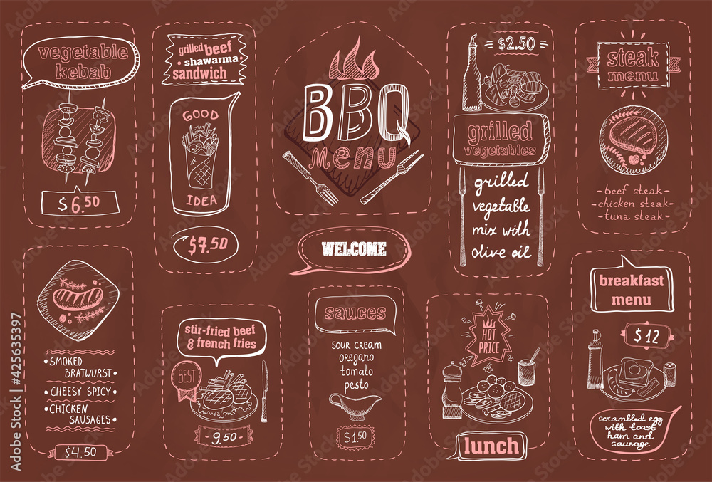 Barbecue menu template - beef steaks, sausages, lunch, breakfast and ...