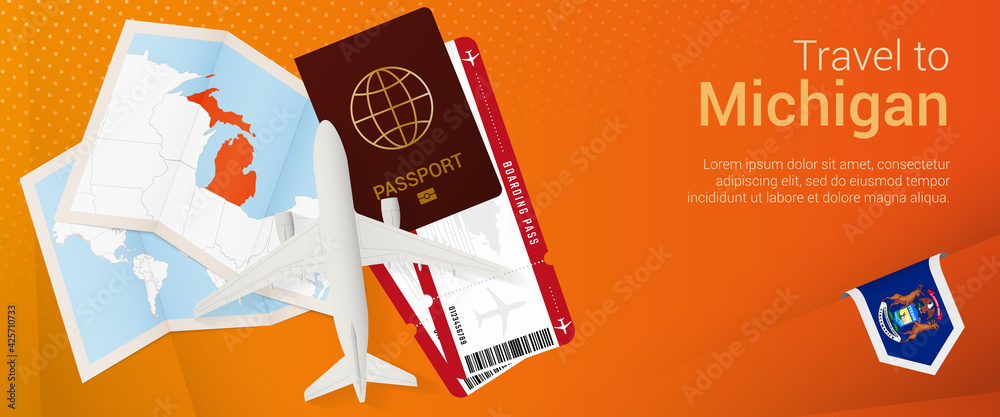 Travel to Michigan pop-under banner. Trip banner with passport, tickets ...