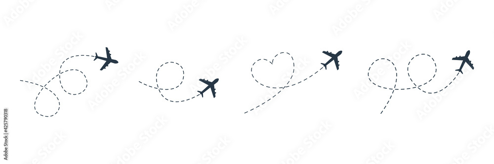 Airplane line path icon. Vector illustration of air plane flight route ...