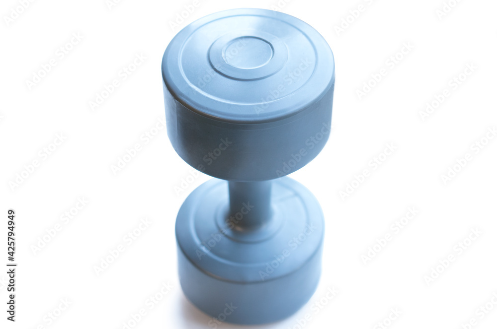 Single 9 lbs grey plastic dumbbell isolated on white background. Fitness gym. Sport. Workout ...