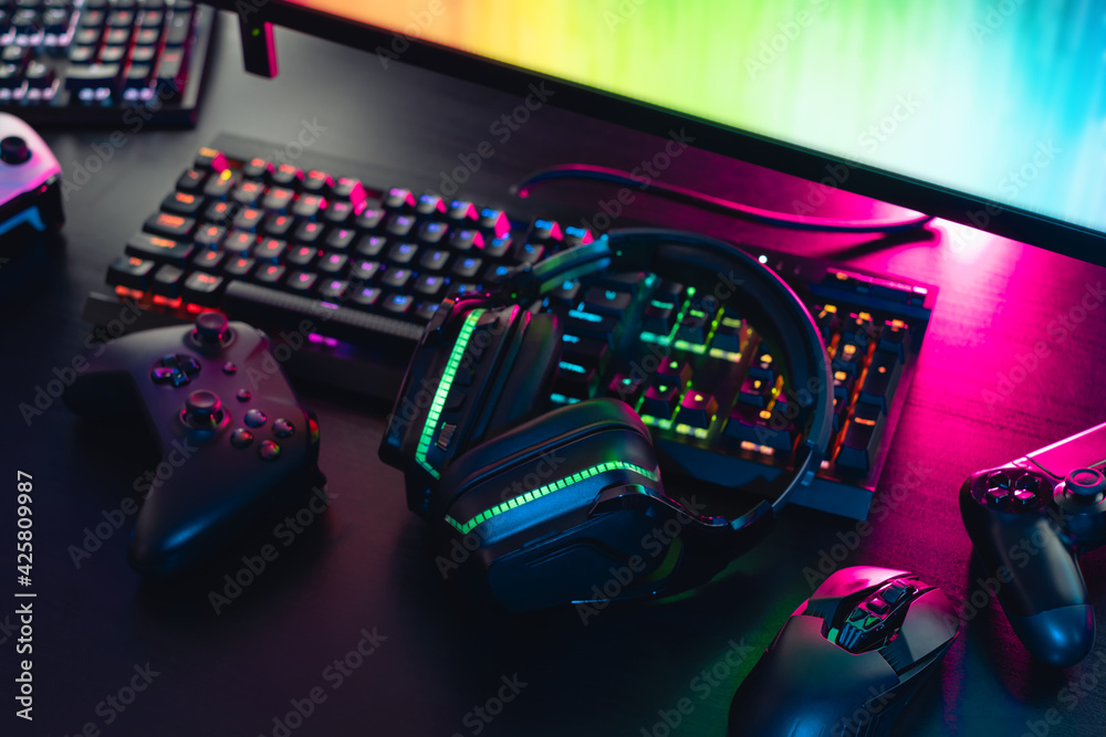 gamer work space concept, top view a gaming gear, mouse, keyboard ...