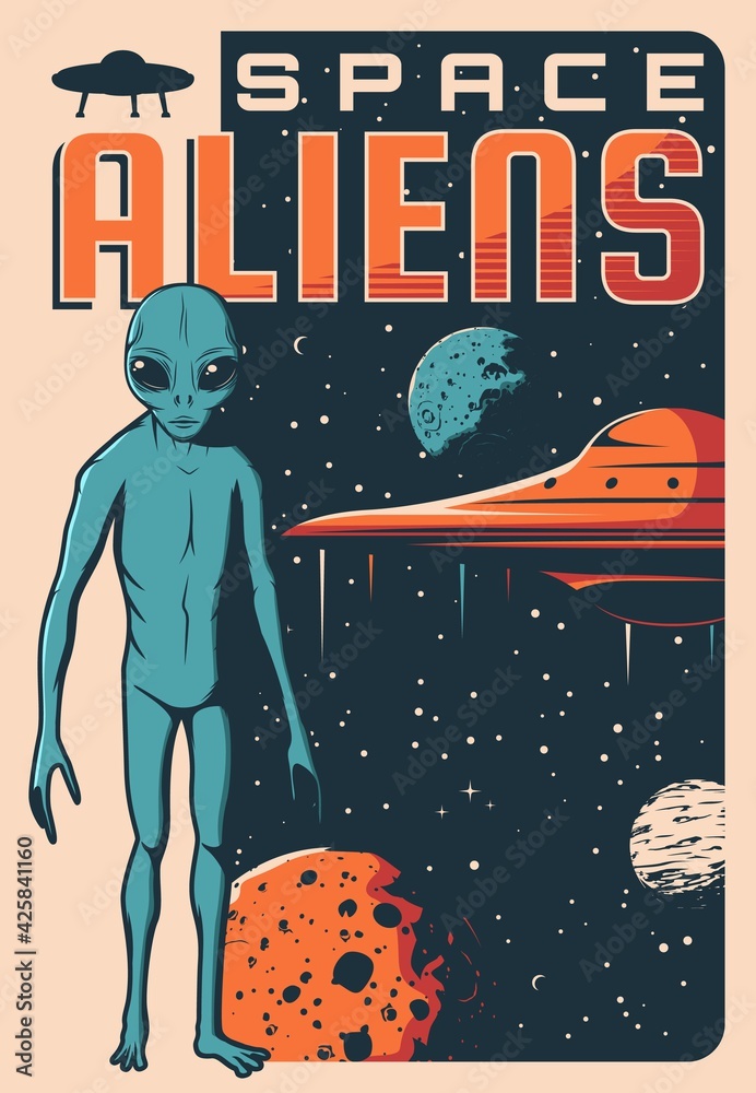 Space aliens, UFO spaceship retro vector banner. Humanoid alien with ...