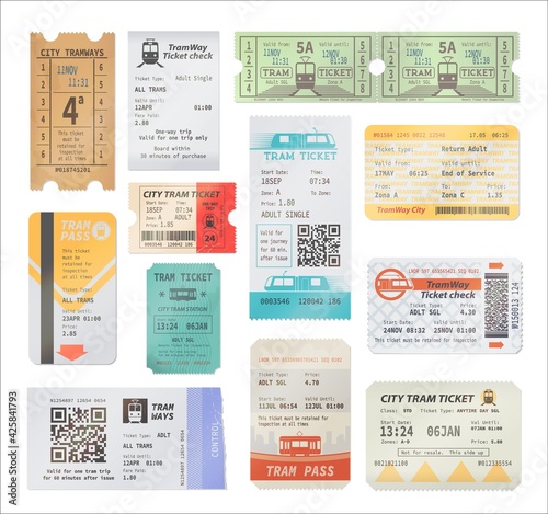 Vintage and modern tram tickets with qr code, isolated vector objects ...