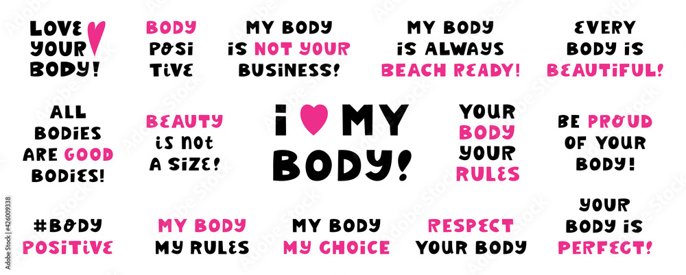 Body positive quotes. Cute hand drawn lettering set isolated on white ...