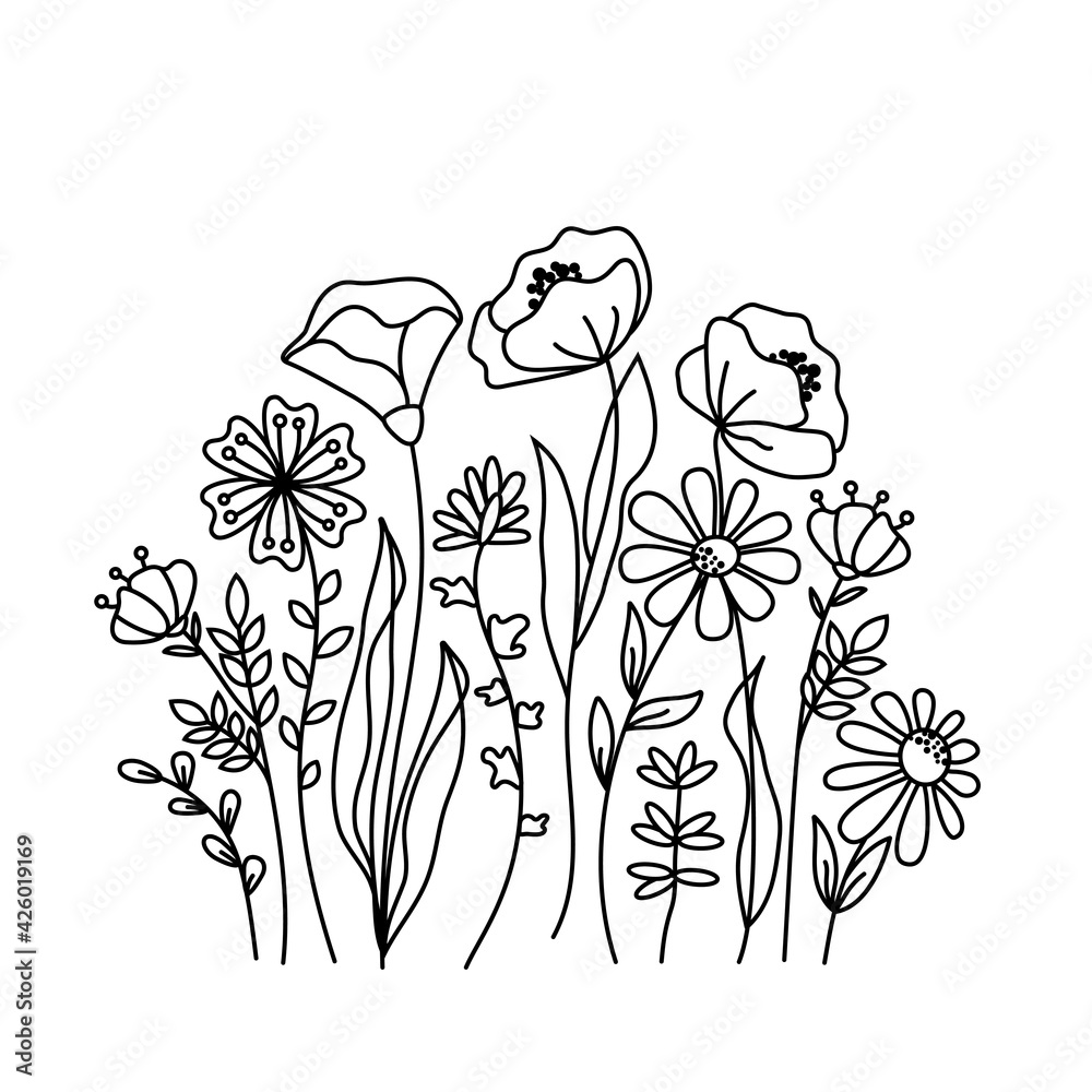 Hand drawn wildflowers meadow. Black and white doodle wild flowers and ...
