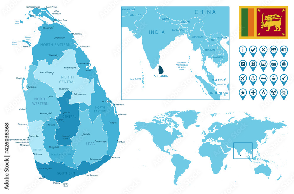 Sri Lanka detailed administrative blue map with country flag and ...