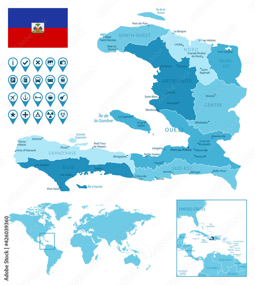 Haiti detailed administrative blue map with country flag and location ...
