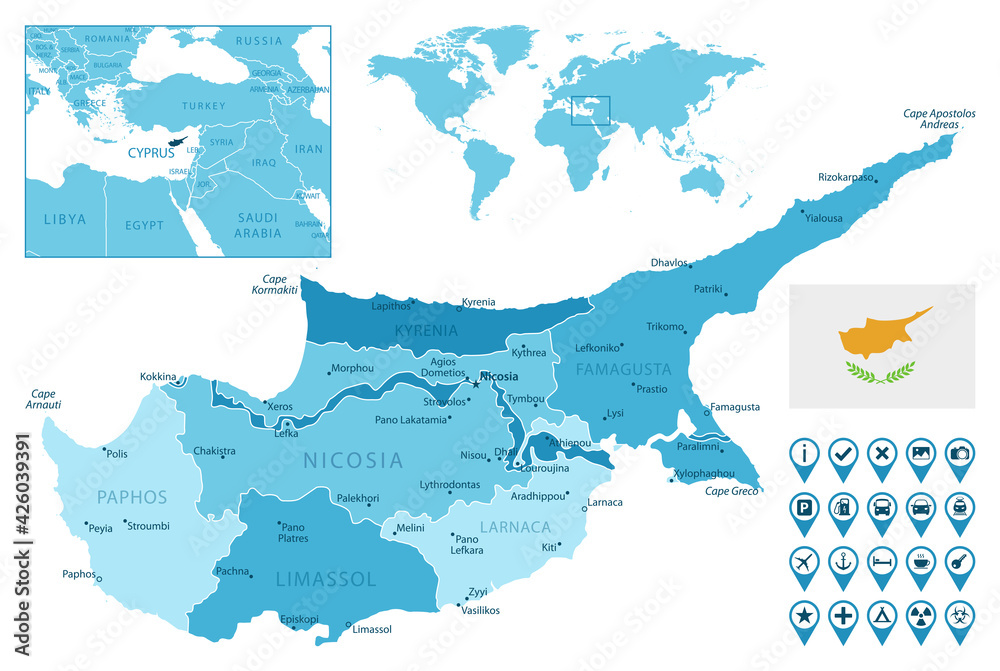 Cyprus detailed administrative blue map with country flag and location ...