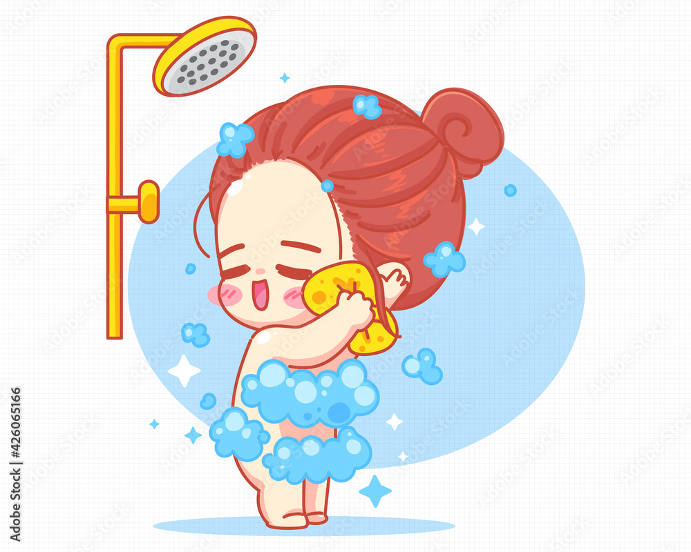 Cute girl taking shower in bathroom cartoon art illustration Stock ...