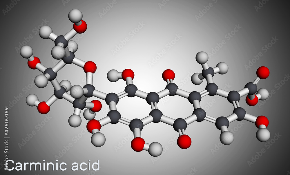 Carminic acid molecule. It is сoloring matter, red glucosidal ...