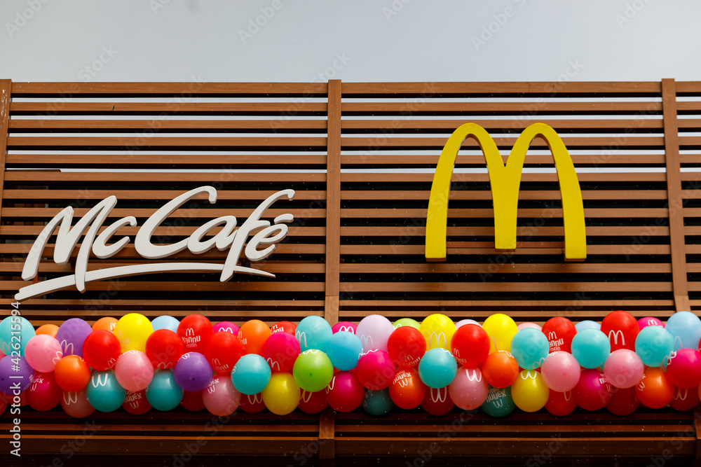 McCafe and McDonald's logo on the new restaurant opening. Birthday ...