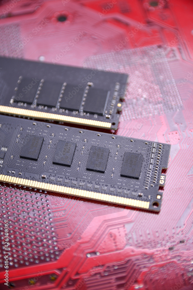 Stock-Foto „Computer memory RAM on motherboard background . Close up. system, main memory ...