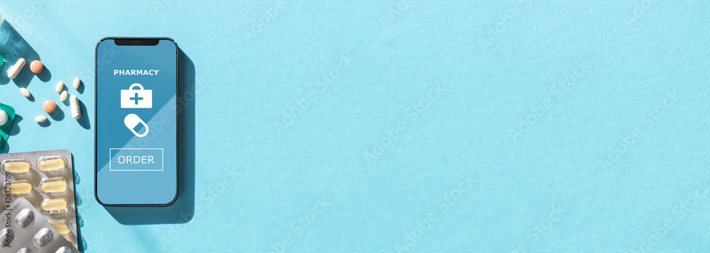 Header showing a phone with an Online Pharmacy order next to Medication ...