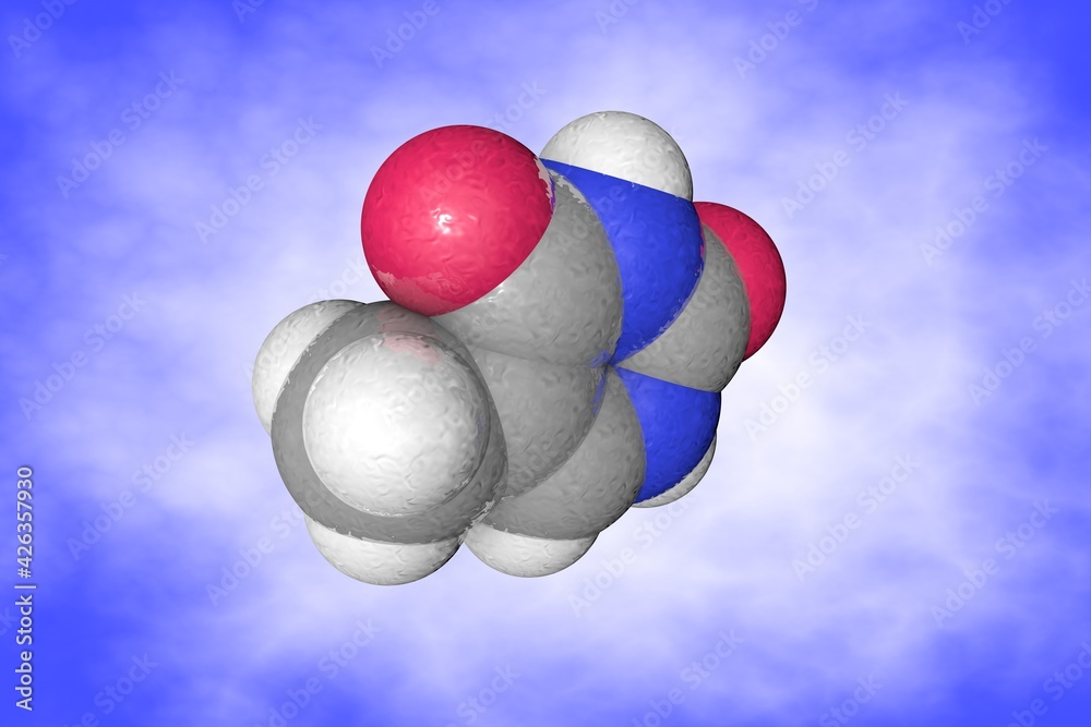 Space-filling molecular model of thymine. Atoms are represented as ...