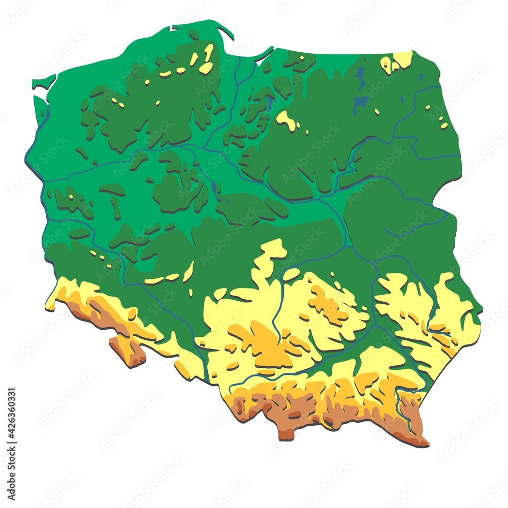 Poland relief physical hypsometric map illustration layers with shadows ...