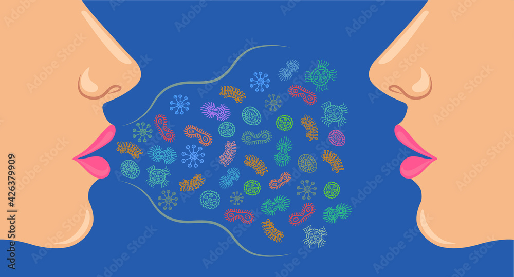 Human mouth bad breath and bacteria and germs when talking. Two women ...