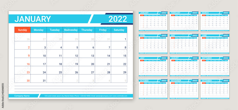 Calendar 2022 year. Week starts Sunday. Planner template. Vector ...