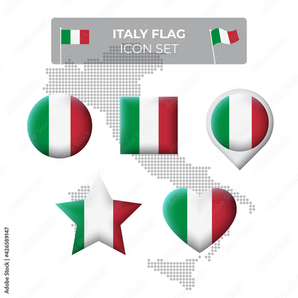 Italy flag icons set in the shape of square, heart, circle, stars and ...