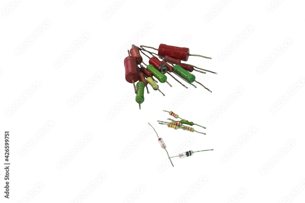 color-coded resistors with multicolored stripes and green resistor are ...