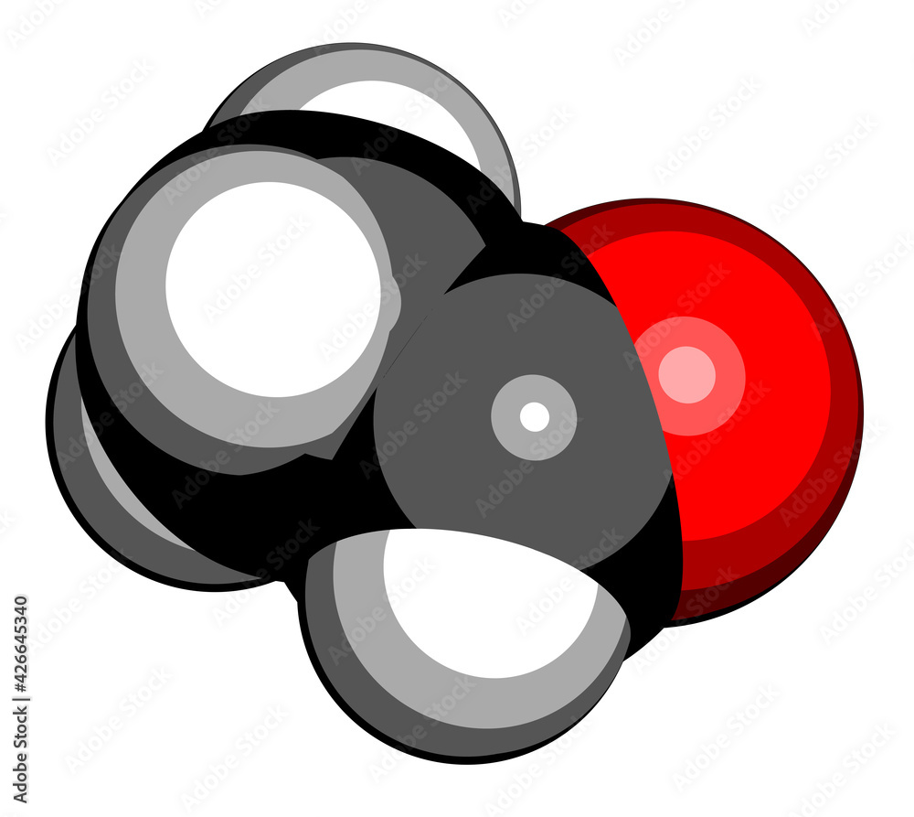 Acetaldehyde (ethanal) molecule, chemical structure. Acetaldehyde is a ...
