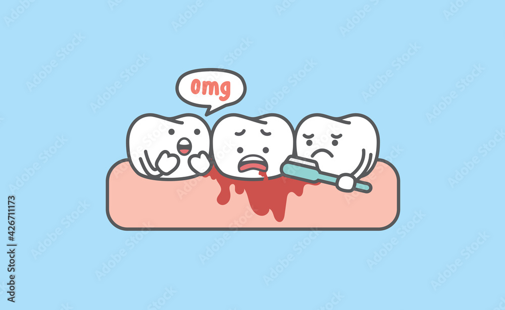 Dental cartoon of white teeth bleeding while cleaning by brushing with ...