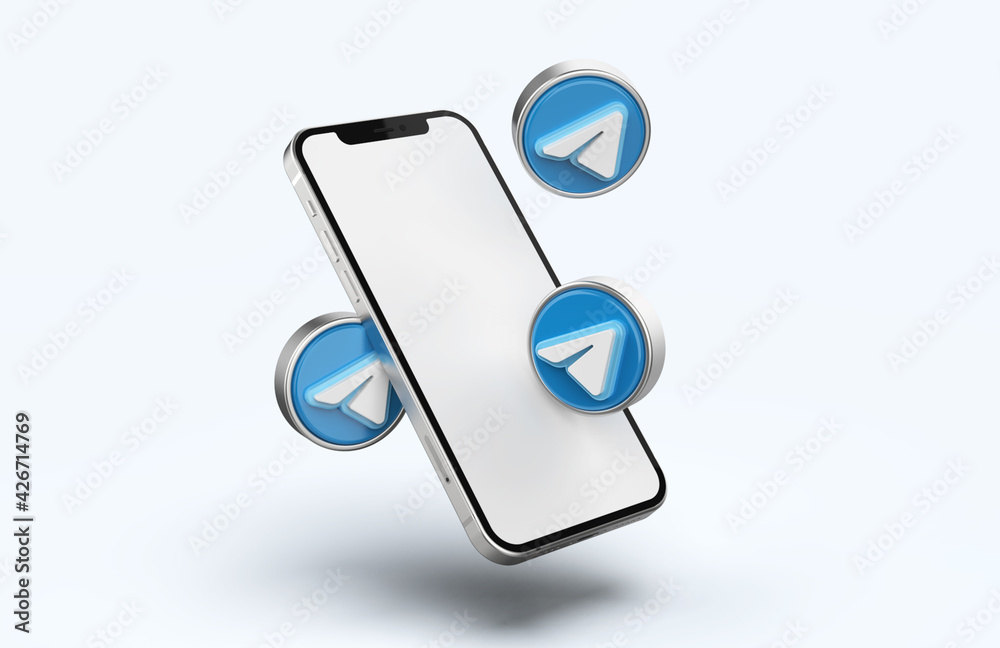 Smartphone mockup with telegram icons in realistic 3D rendering. Blank ...