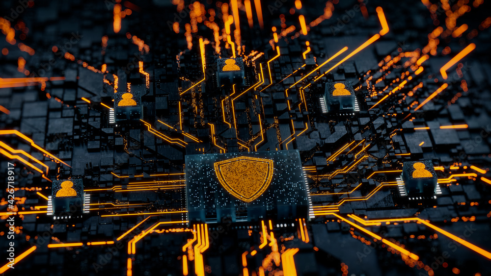 Security Technology Concept with shield symbol on a Microchip. Orange Neon Data flows between ...