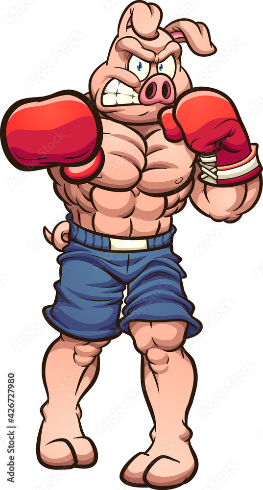 Strong angry boxing pig throwing a punch. Vector clip art illustration ...