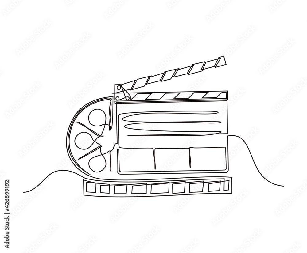 Continuous line drawing of movie clapper board and film reel. film flap ...