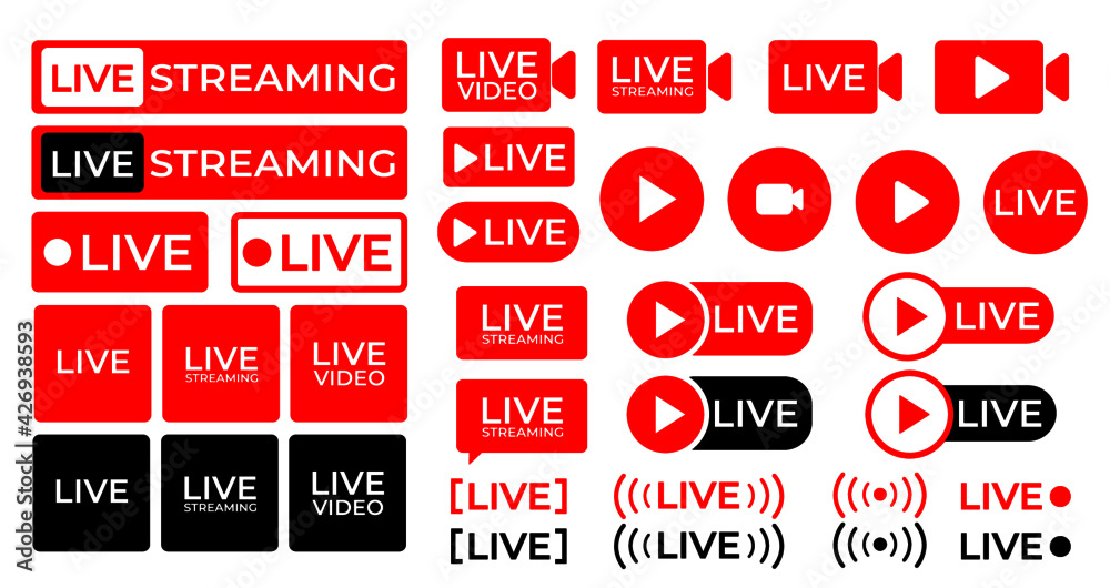 Set of live streaming icons. Button, red symbols for TV, news, movies ...