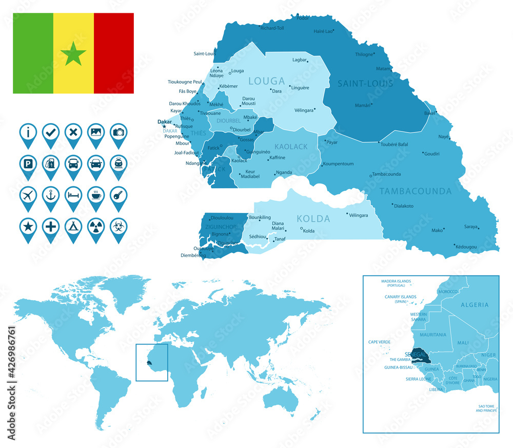 Senegal detailed administrative blue map with country flag and location ...
