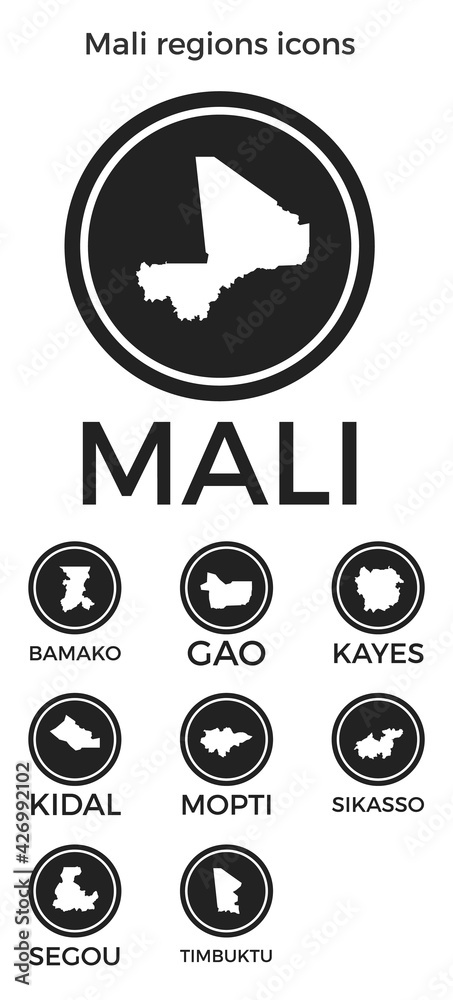 Mali regions icons. Black round logos with country regions maps and ...