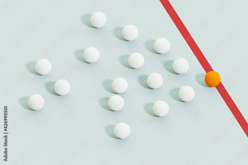 Orange ball is crossing the red line border with fifteen white spheres ...