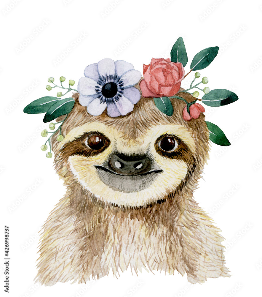 watercolor drawing, clipart. cute sloth with a wreath of flowers ...