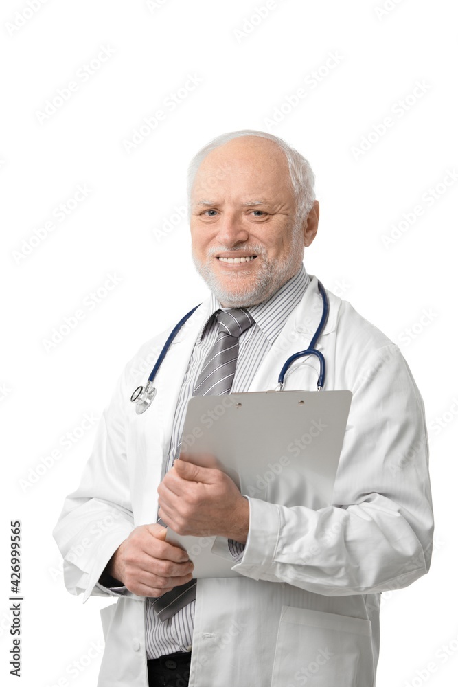 Portrait of happy senior doctor laughing, isolated on white. Stock ...