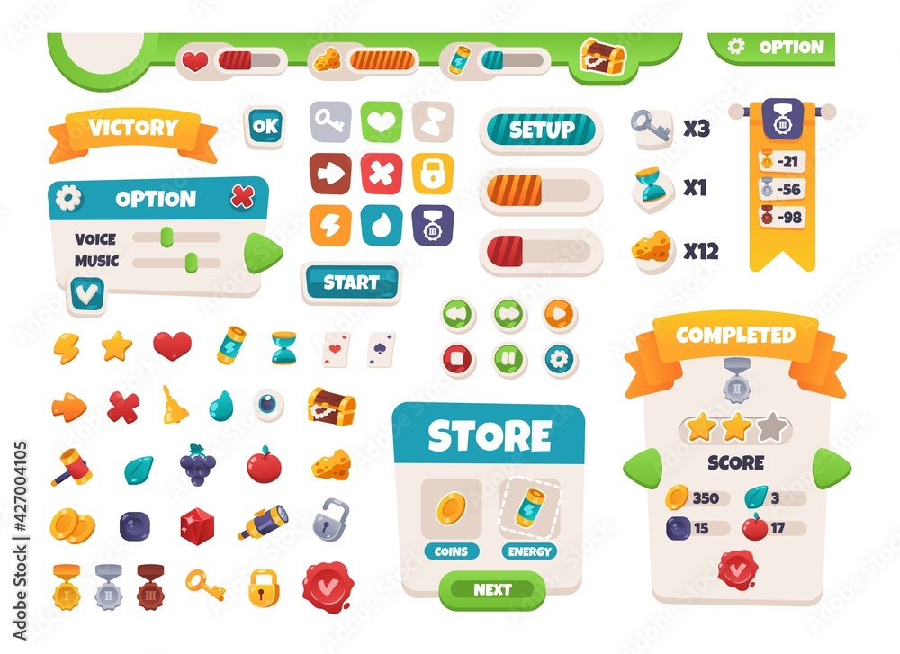 Game UI buttons. Mobile application interface elements. Cartoon ...