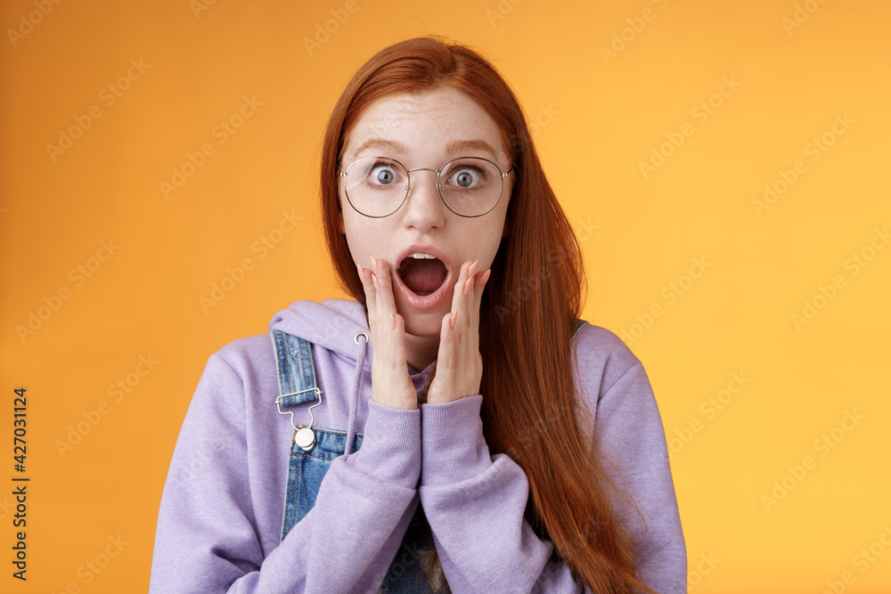 Shocked impressed redhead girlfriend drop jaw gasping screaming wow omg ...