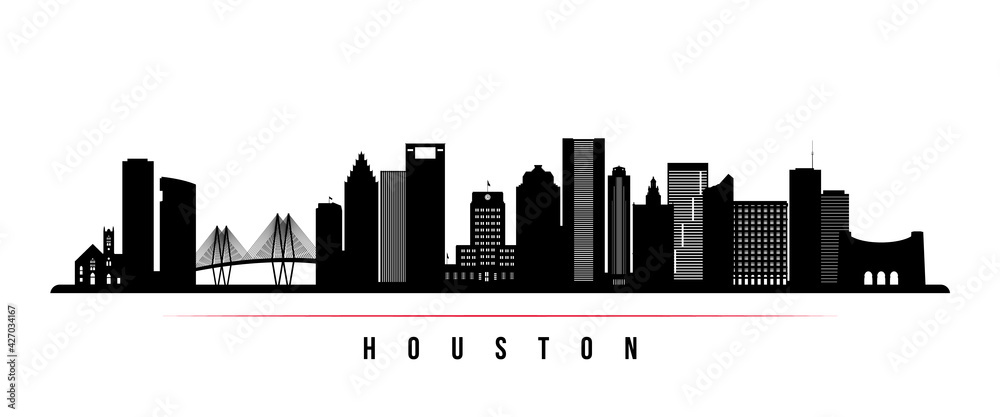 Houston skyline horizontal banner. Black and white silhouette of ...