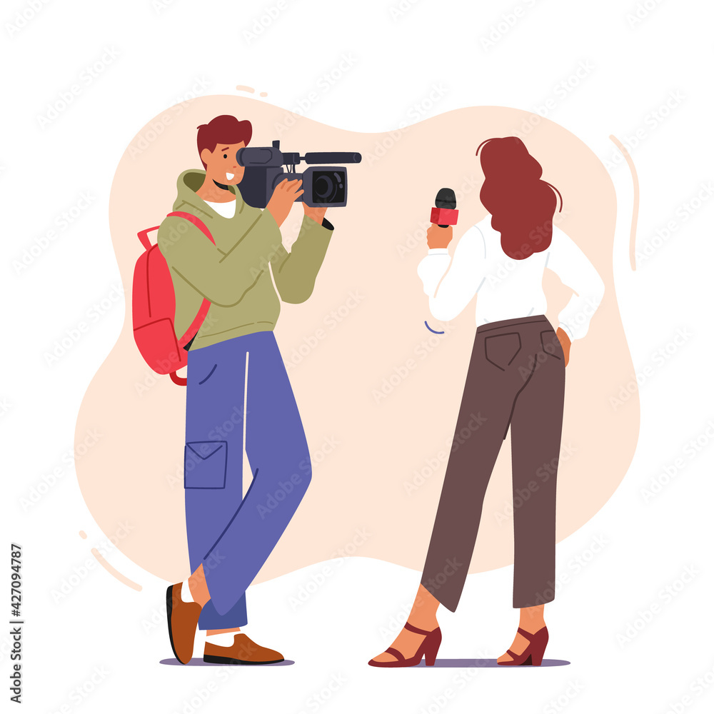 Videographer Cameraman Character with Camera Recording Female Journalist or Tv Reporter Holding ...