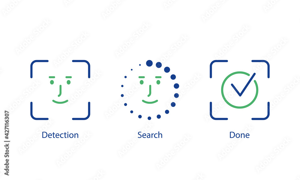 Face scanning process line icons. Face id icon for approving password ...