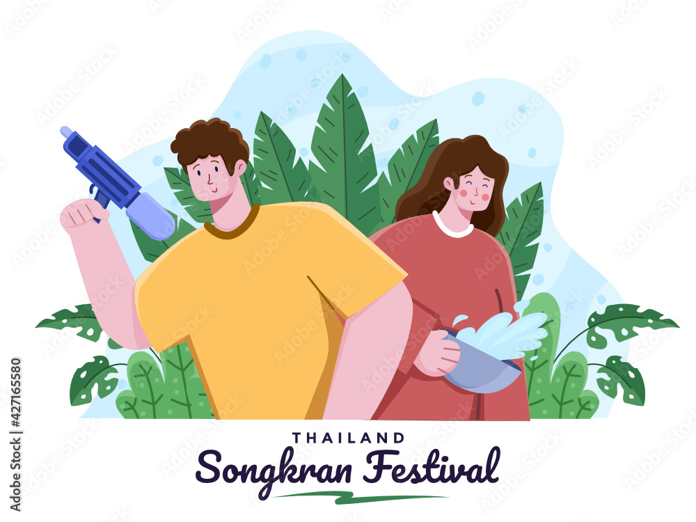 Songkran water festival thailand flat illustration. Cartoon thailand ...